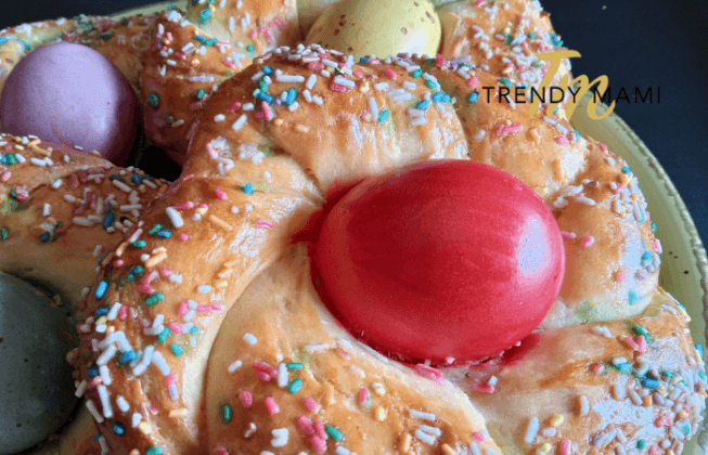 Easter Bread Recipe with Colored Eggs - with Video - Trendy Mami